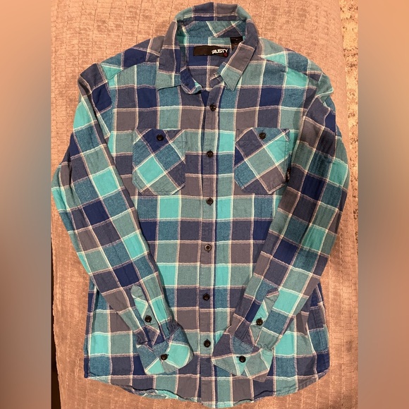 Rusty | Shirts | Rusty Blue And Teal Checkered Flannel Shirt Size ...